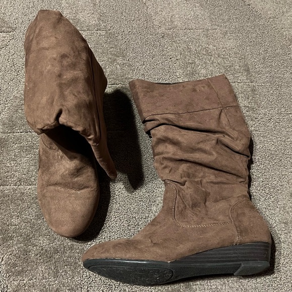 Shoes | Brown Faux Suede Slouch Boots Low Heel Wedge Knee High Zipper ...